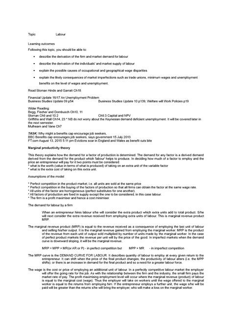 Week 9 Lecture Notes 9 Topic Labour Learning Outcomes Following