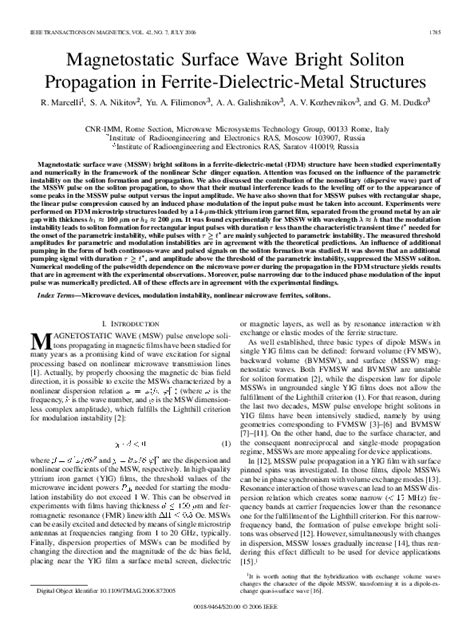 Pdf Magnetostatic Surface Wave Bright Soliton Propagation In Ferrite Dielectric Metal Structures