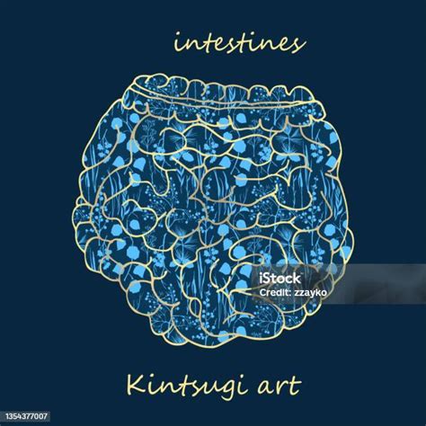도자기 내장은 킨츠기 아트 스타일로 황금 크래클루어장식 블루 식물 패턴을 장식했다 현대 업사이클링 에코 트렌드 패션 티셔츠 패브릭 스크랩북 스티커 벡터에 좋은 디자인 건강