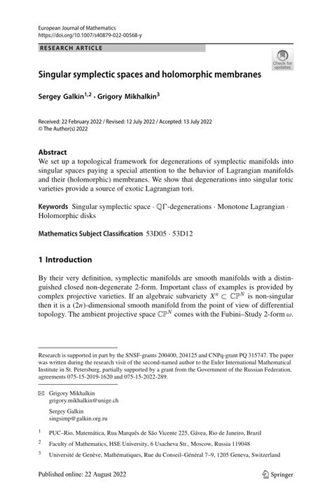 Pdf Singular Symplectic Spaces And Holomorphic Membranes