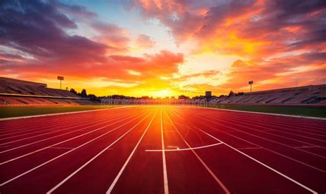 empty running track in stadium with vibrant sunset sky inviting