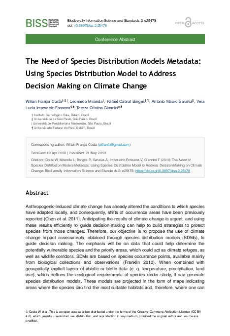 Pdf The Need Of Species Distribution Models Metadata Using Species Distribution Model To