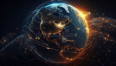Global Communication Network Around Planet Earth In Space Generative Ai Stock Illustration