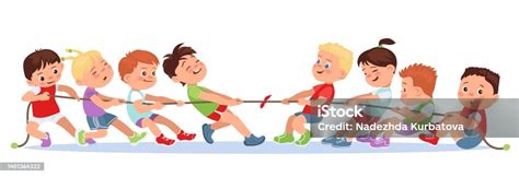 밧줄을 당기는 아이들 줄다리기를 하는 어린이 팀 그룹 스포츠 게임 경쟁 강력한 도전 친구 경쟁 행복한 소년 소녀 재미있는 전투