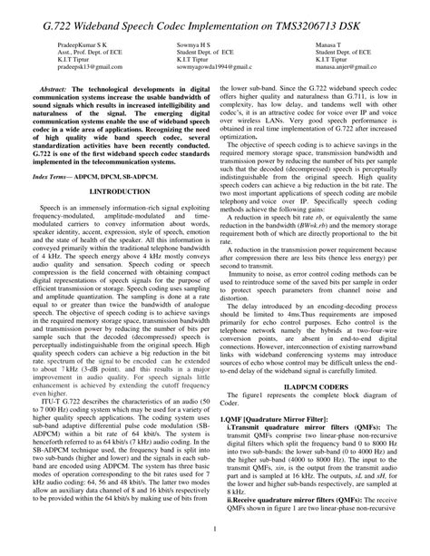 Pdf G722 Wideband Speech Codec Implementation On Tms3206713 Dsk