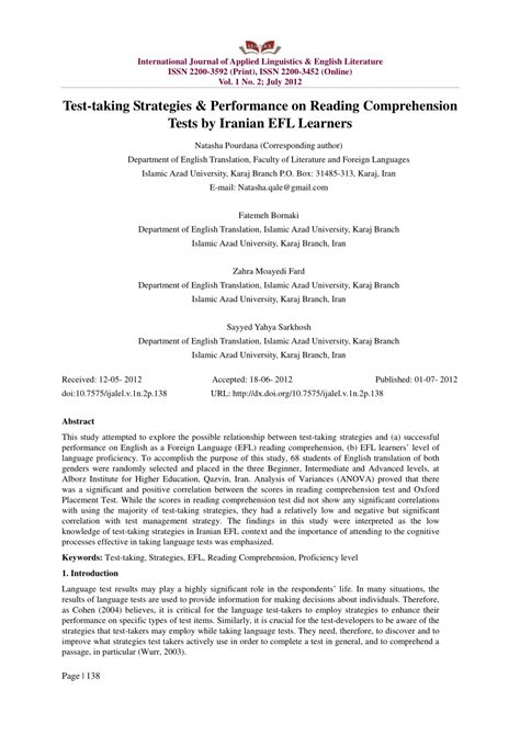 Pdf Test Taking Strategies And Performance On Reading Comprehension Tests By Iranian Efl Learners