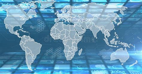 world map with hexagonal patterns and data processing image over blue