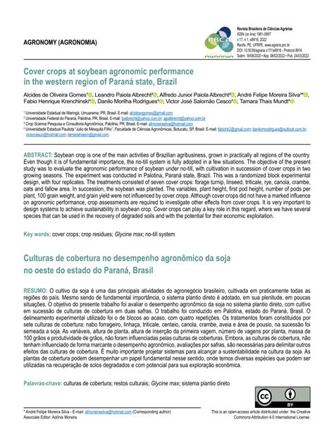 Pdf Cover Crops At Soybean Agronomic Performance In The Western Region Of Paraná State Brazil