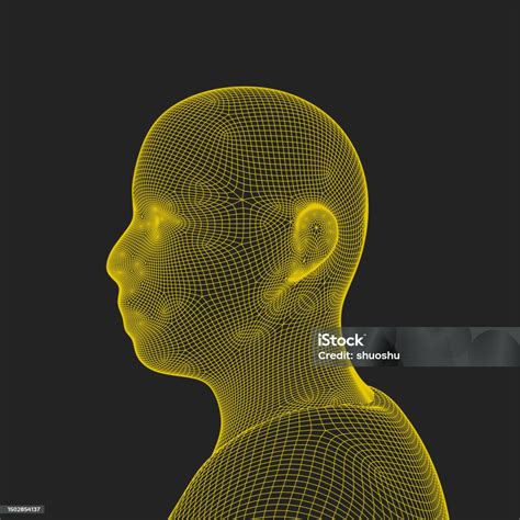 컬러 그리드 스타일 사람 머리 와이어 모델 머리 얼굴 스캐닝 패턴 로우 폴리곤 모델링에 대한 스톡 벡터 아트 및 기타 이미지