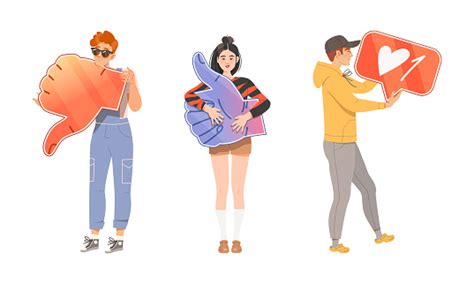 승인 및 비승인 벡터 일러스트레이션 세트의 알림으로 엄지 손가락을 위아래로 표지판을 들고 있는 젊은 남자와 여자 만족에 대한