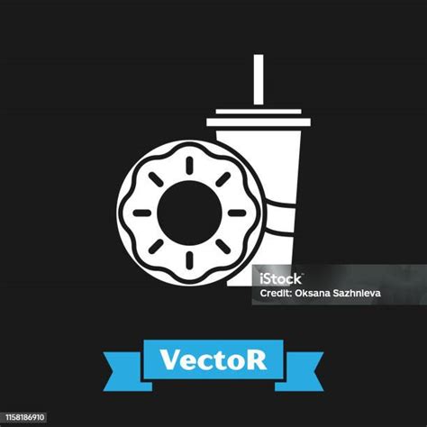 검은 색 배경에 고립 된 빨대와 도넛 아이콘을 마시는 흰색 종이 유리 소다 아쿠아 음료 표지판 패스트 푸드 메뉴 벡터 일러스트레이션 0명에 대한 스톡 벡터 아트 및 기타