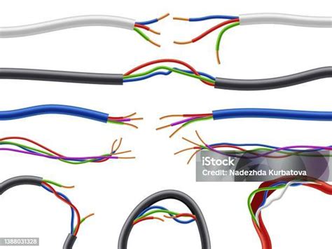 깨진 전기 케이블 손상된 사실적인 전원 와이어 찢어진 연결을 고집하는 다양한 곡선 유연한 모양 절연되지 않은 전류 회로 벡터 결함이 있는 금속 배선 세트 고무에 대한 스톡