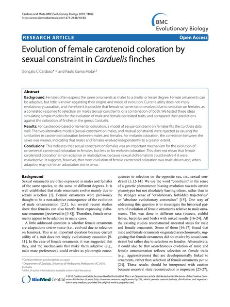 Pdf Evolution Of Female Coloration By Sexual Constraint In Carduelis