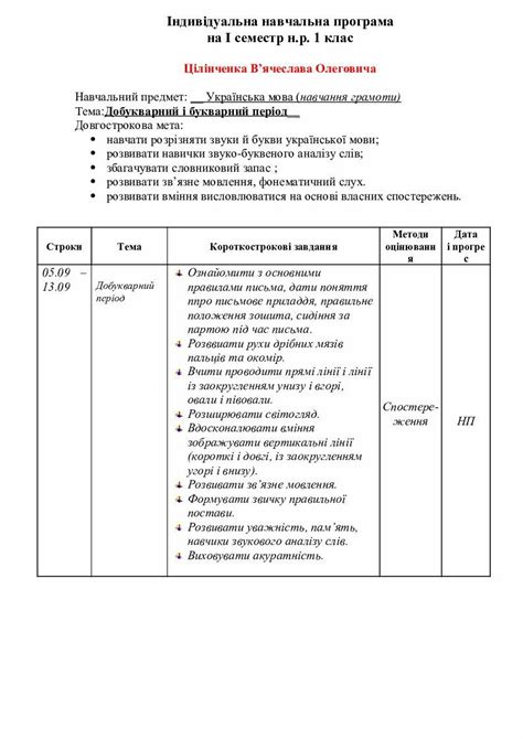 Індивідуальна навчальна програма Українська мова I семестр 1 клас Інші методичні матеріали
