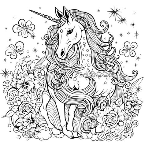 어린이와 성인을 위한 유니콘 흑백 색칠 페이지 라인 아트 간단한 만화 스타일 행복하고 귀엽고 재미있습니다 프리미엄 벡터