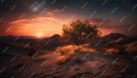 Premium Photo Silhouette Of Majestic Tree On Arid Sand Dune At Dusk Generated By Artificial