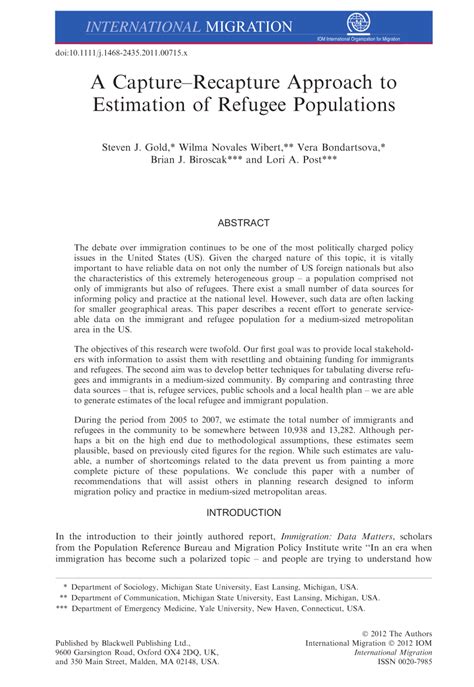 Pdf A Capturerecapture Approach To Estimation Of Refugee Populations