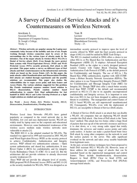 A Survey Of Dos Attack And Its Countermeasures Pdf Ieee 802 11 Wireless Lan