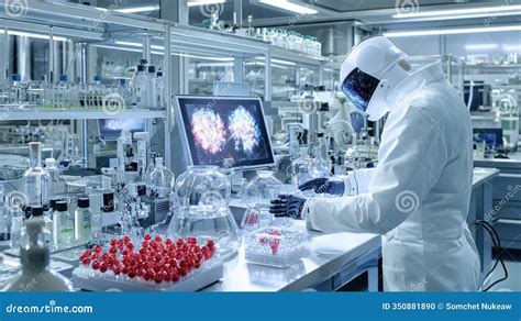 Futuristic Lab Interaction Humanoid Robot Engaging With Technology Science Facility Clean