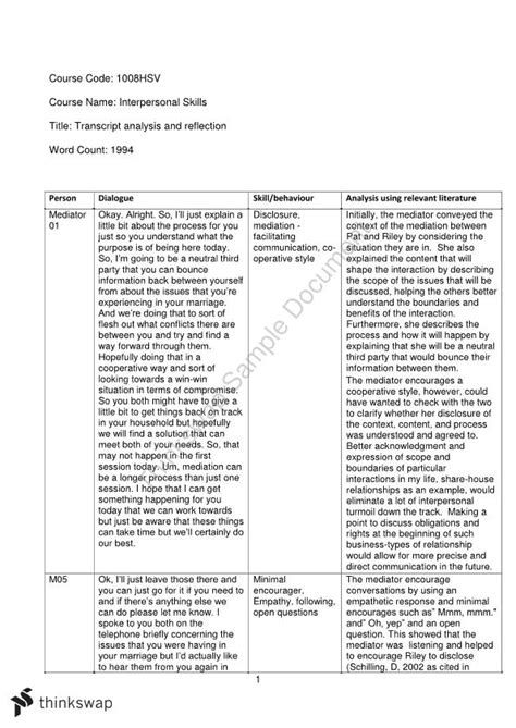 Transcript Analysis And Reflection 1008hsv Interpersonal Skills Griffith Thinkswap