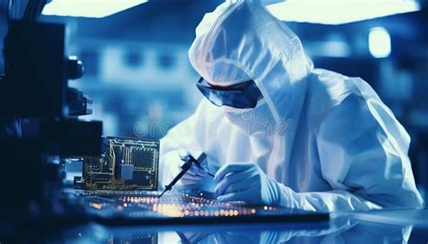 Scientist In Coveralls Working On A Processor Chip In A Laboratory Generative Ai Stock