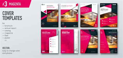 안내 책자 보고서 카탈로그 전단지 잡지 또는 소책자에 대 한 커버 디자인 서식 파일의 집합입니다 크리에이 티브 마젠타 벡터 배경 개념 가리기에 대한 스톡 벡터 아트 및 기타