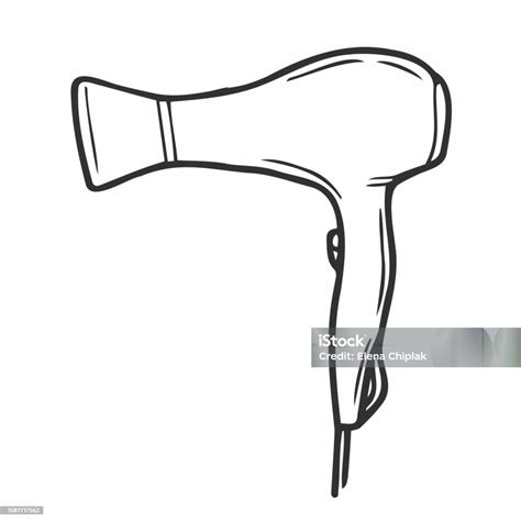 헤어 드라이어는 흰색 배경에 분리되어 있습니다 검은색 윤곽선 헤어드라이어 낙서 스타일로 손으로 그린 스케치 미용실 또는 이발소 도구 삽화를 위한 간단한 벡터 요소 건조한에