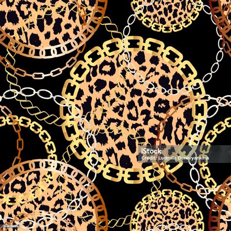 골든 체인과 표범 인쇄와 패션 완벽 한 패턴입니다 체인 금속 액세서리와 패브릭 디자인 배경입니다 패션 액세서리와 고급 스러운 선형 인쇄 가죽에 대한 스톡 벡터 아트 및 기타