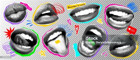 펑크 요소로 설정된 하프톤 입술 배너 그래픽 디자인 포스터 일러스트 레이 션을위한 콜라주 입 비명 키스 미소 혀 열린 입의 벡터