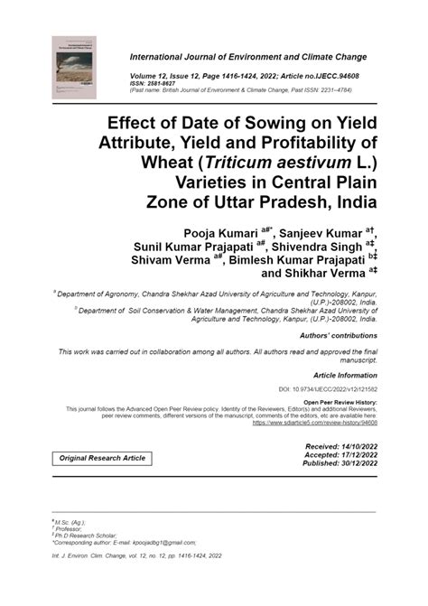 Pdf Effect Of Date Of Sowing On Yield Attribute Yield And