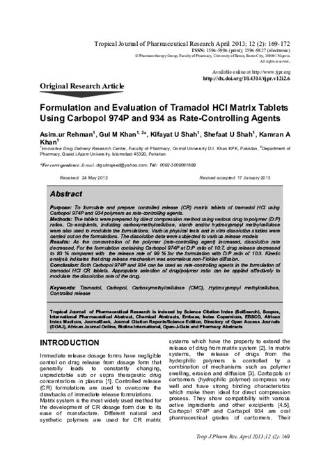 Pdf Formulation And Evaluation Of Tramadol Hcl Matrix Tablets Using Carbopol 974p And 934 As