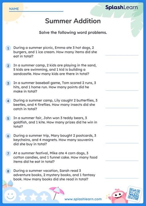 Add 3 Numbers Within 10 Summer Word Problems Worksheet