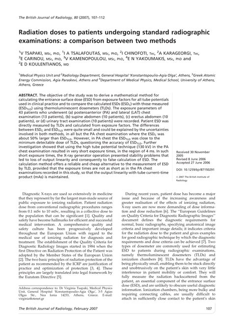 Pdf Radiation Doses To Patients Undergoing Standard Radiographic Examinations A Comparison