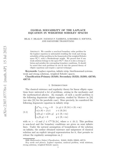 Pdf Global Solvability Of The Laplace Equation In Weighted Sobolev Spaces