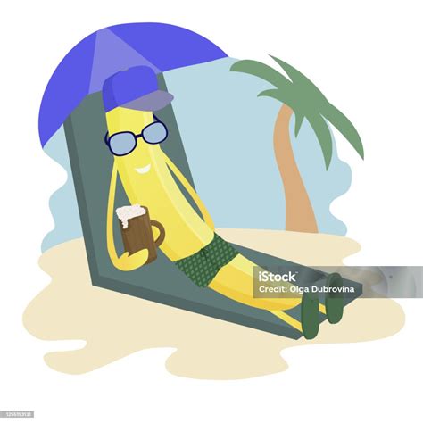 재미있는 만화 캐릭터 바나나 휴식 일광욕 야자수 아래에 누워 수영복과 선글라스 여름 벡터 일러스트레이션 유머에 대한 스톡 벡터 아트 및 기타 이미지 Istock