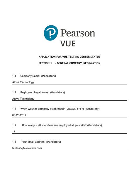 Saarc 2021 Pearson VUE Test Center Application APPLICATION FOR VUE TESTING CENTER STATUS