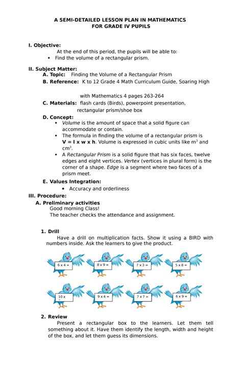 Math 4 Class Observation Volume Of Reactangular Prism A Semi Detailed Lesson Plan In