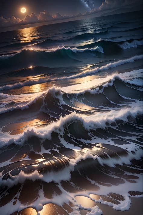 A Close Up Of A Beach With Waves And A Full Moon Seaart Ai