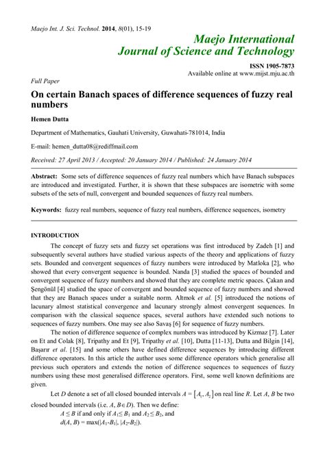 Pdf On Certain Banach Spaces Of Difference Sequences Of Fuzzy Real