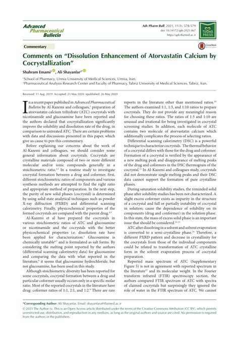 Pdf Comments On Dissolution Enhancement Of Atorvastatin Calcium By Cocrystallization