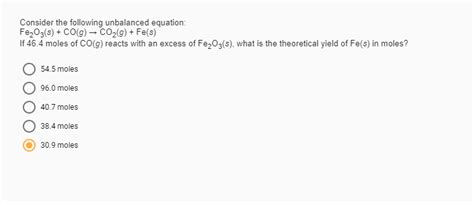 Solved Consider The Following Unbalanced Equation Fe2o3 S