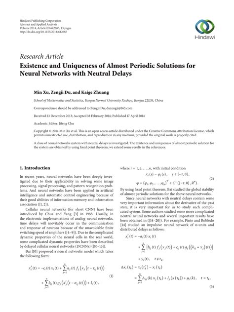 Pdf Existence And Uniqueness Of Almost Periodic Solutions For Neural Networks With Neutral Delays