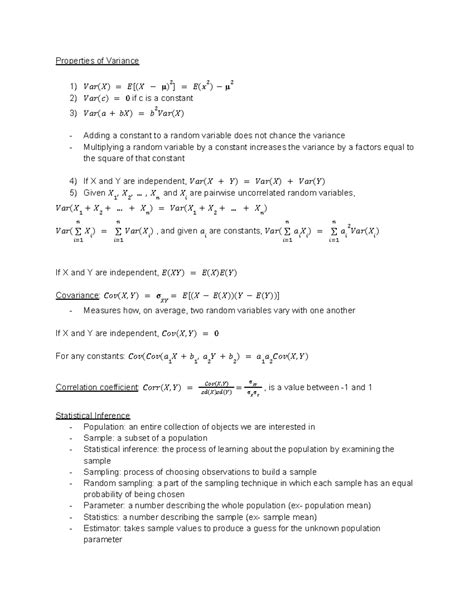 Econometrics Final Study Guide Condensed Properties Of Variance 𝑉𝑎𝑟𝑋