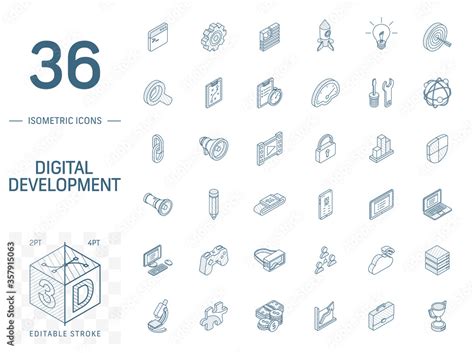 Isometric Line Art Icon Set Vector Illustration With Web And App Development Symbols Digital