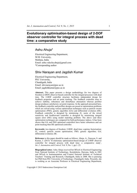 Pdf Evolutionary Optimisation Based Design Of 2 Dof Observer