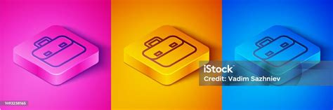 아이소메트릭 라인 서류 가방 아이콘은 분홍색과 주황색 파란색 배경에 분리되어 있습니다 비즈니스 사례 서명 사업 포트폴리오