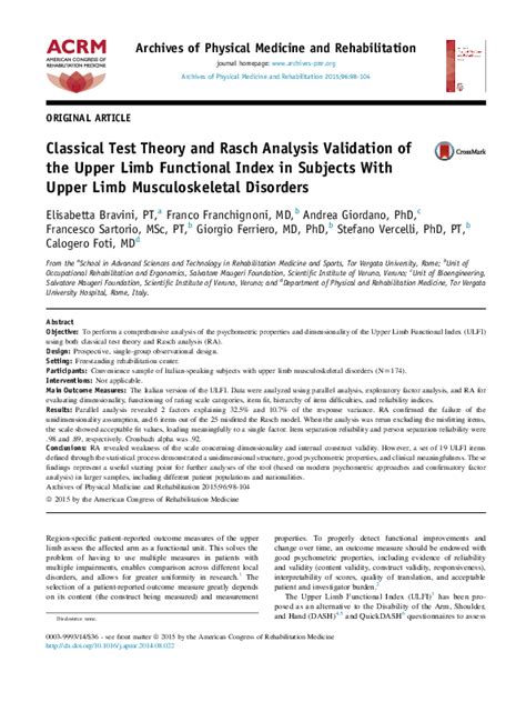 Pdf Classical Test Theory And Rasch Analysis Validation Of The Recent Onset Arthritis