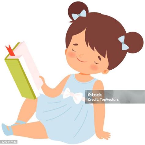 어린 소녀 독서 책 독서를 즐기는 책 어린이 교육 및 상상력 개념 만화 스타일 벡터 일러스트와 함께 바닥에 앉아 귀여운 아이