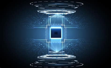 premium vector futuristic microchip processor with lights on the blue