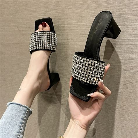 여성용 오픈 토 라인석 청키 힐 럭셔리 브랜드 디자이너 신발 사무실 섹시한 레이디 슬리퍼 여름 신상 AliExpress